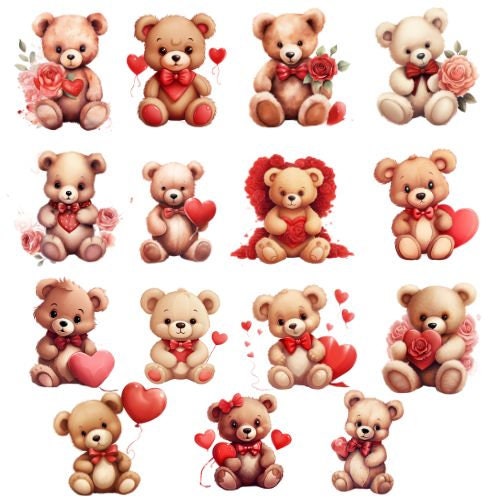 Valentines Day Teddy Bear Clipart Bundle 15 PNG Images | Valentines ...