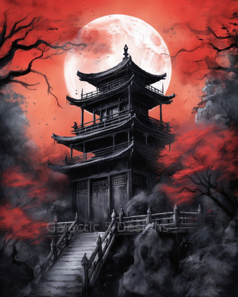 Japanese Samurai Temple Landscape Watercolor Digital Art - Etsy