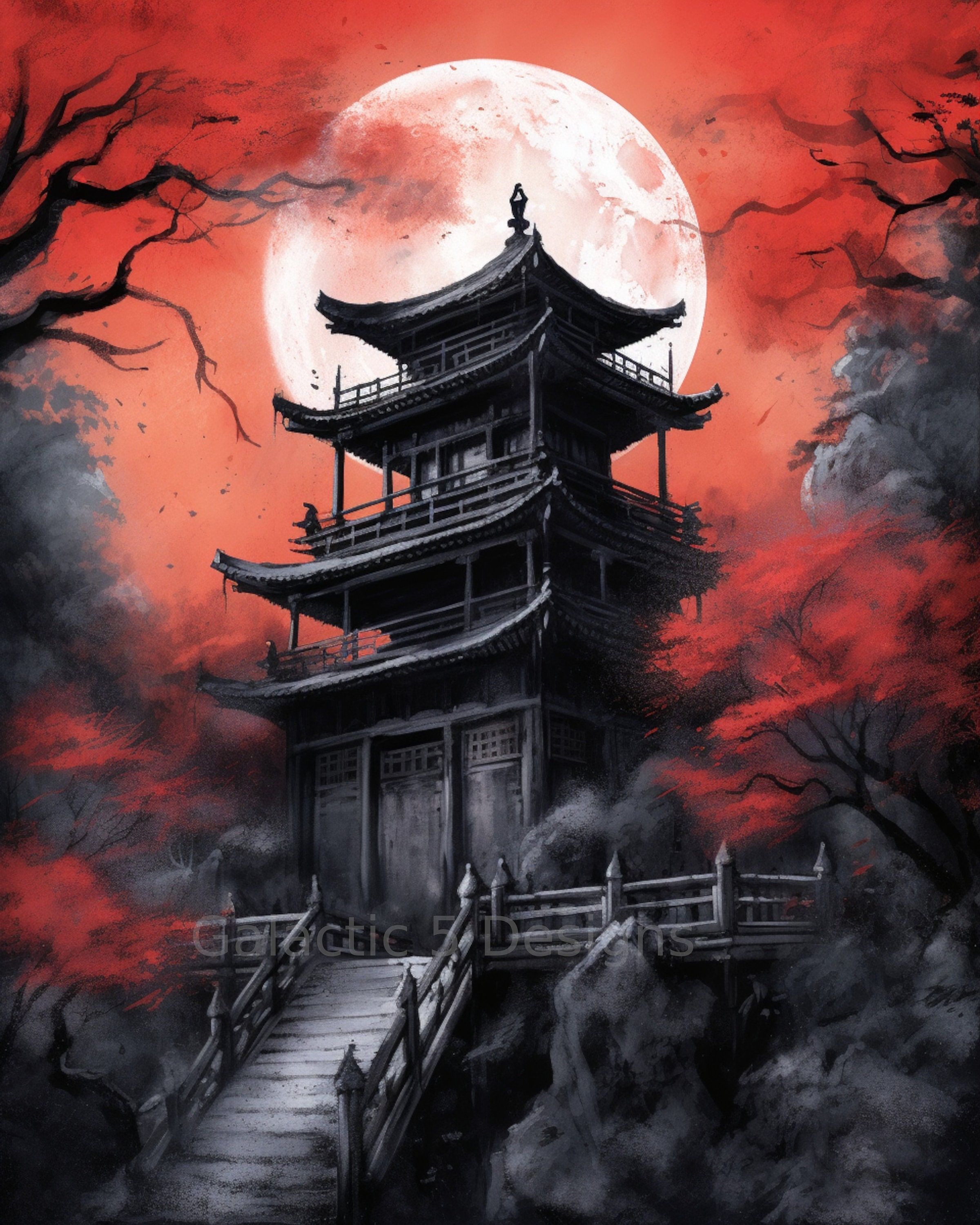 Japanese Samurai Temple Landscape Watercolor Digital Art - Etsy