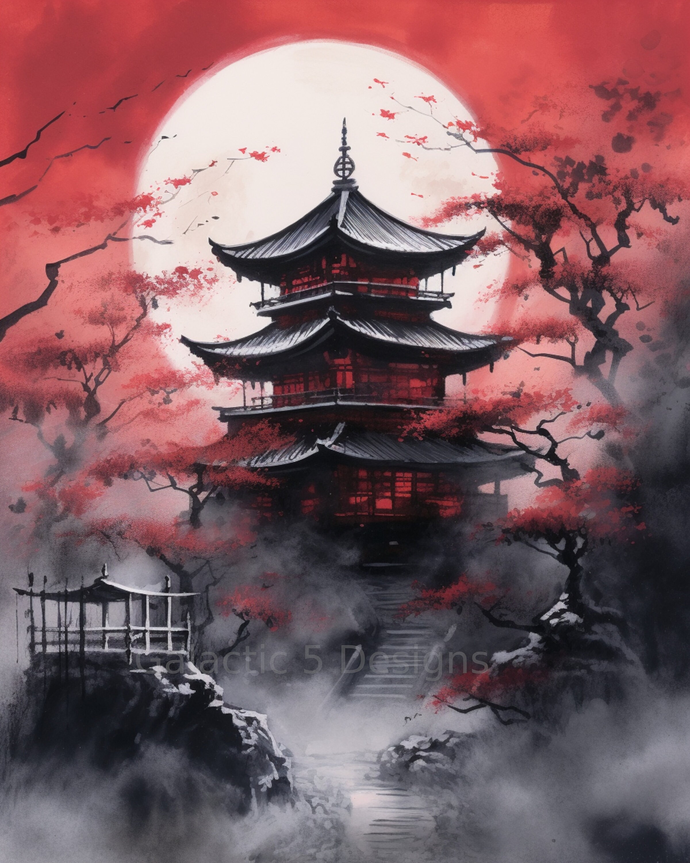 Japanese Samurai Temple Landscape Watercolor Digital Art Print, Digital ...