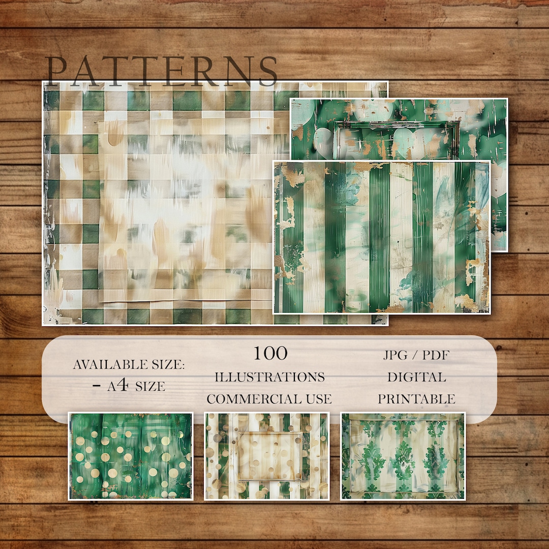 Printable Green Paper, 50 Sheets, Big Bundle Damask Pattern, Stripes ...