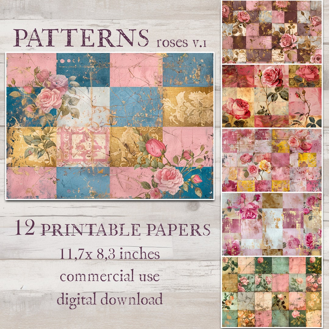 Set of 12 Printable Papers for Junk Journal, Shabby Roses, Patchwork ...