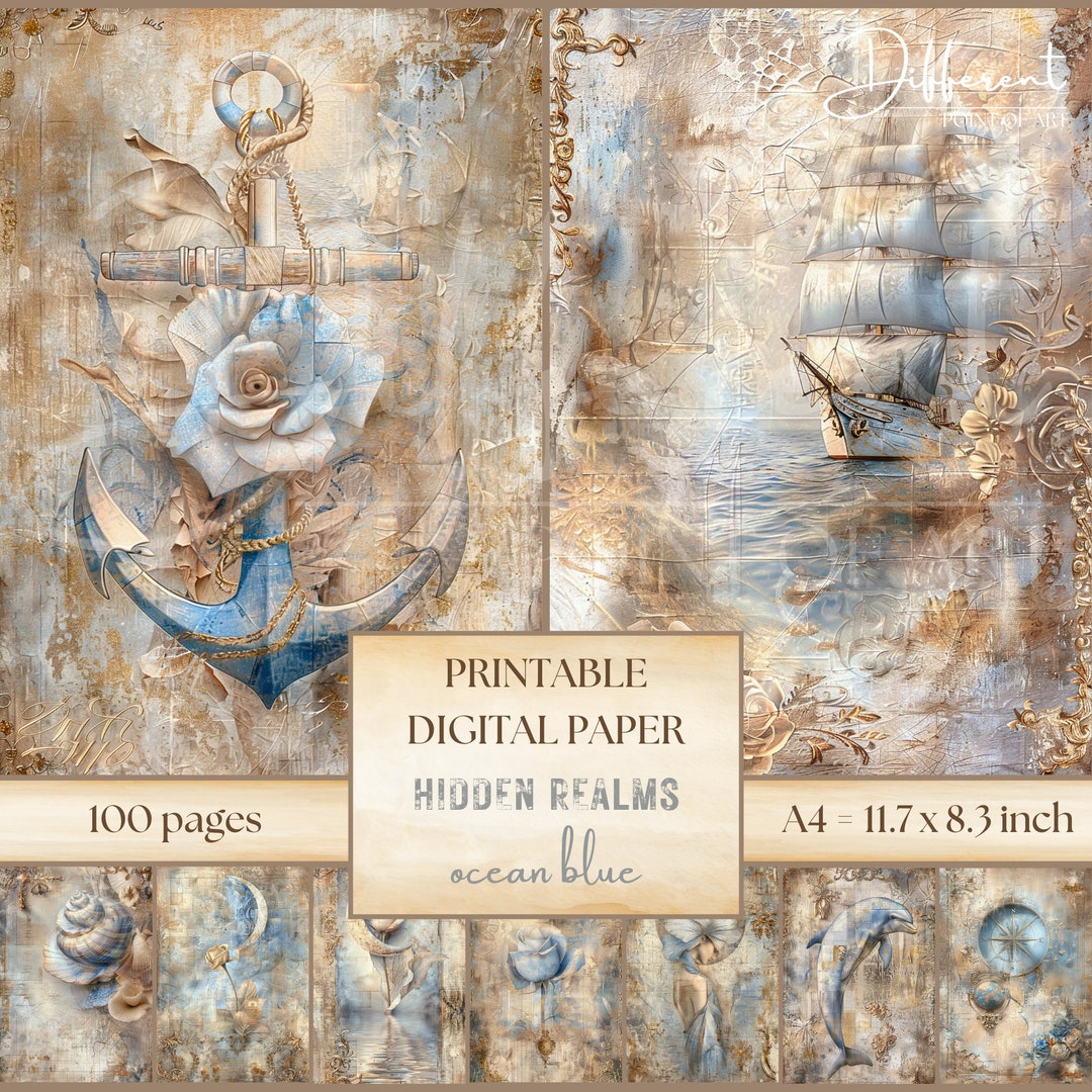 Ocean Blue, A4 100 Digital Pages 50 Double Paper Sheets, Printable ...