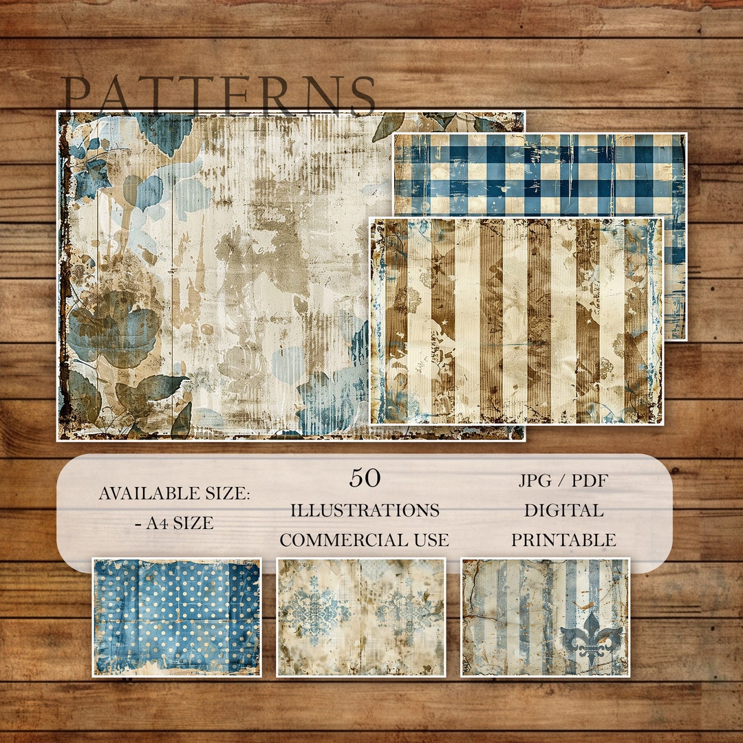 Printable Blue Paper, 50 Sheets, Big Bundle Damask Pattern, Stripes ...