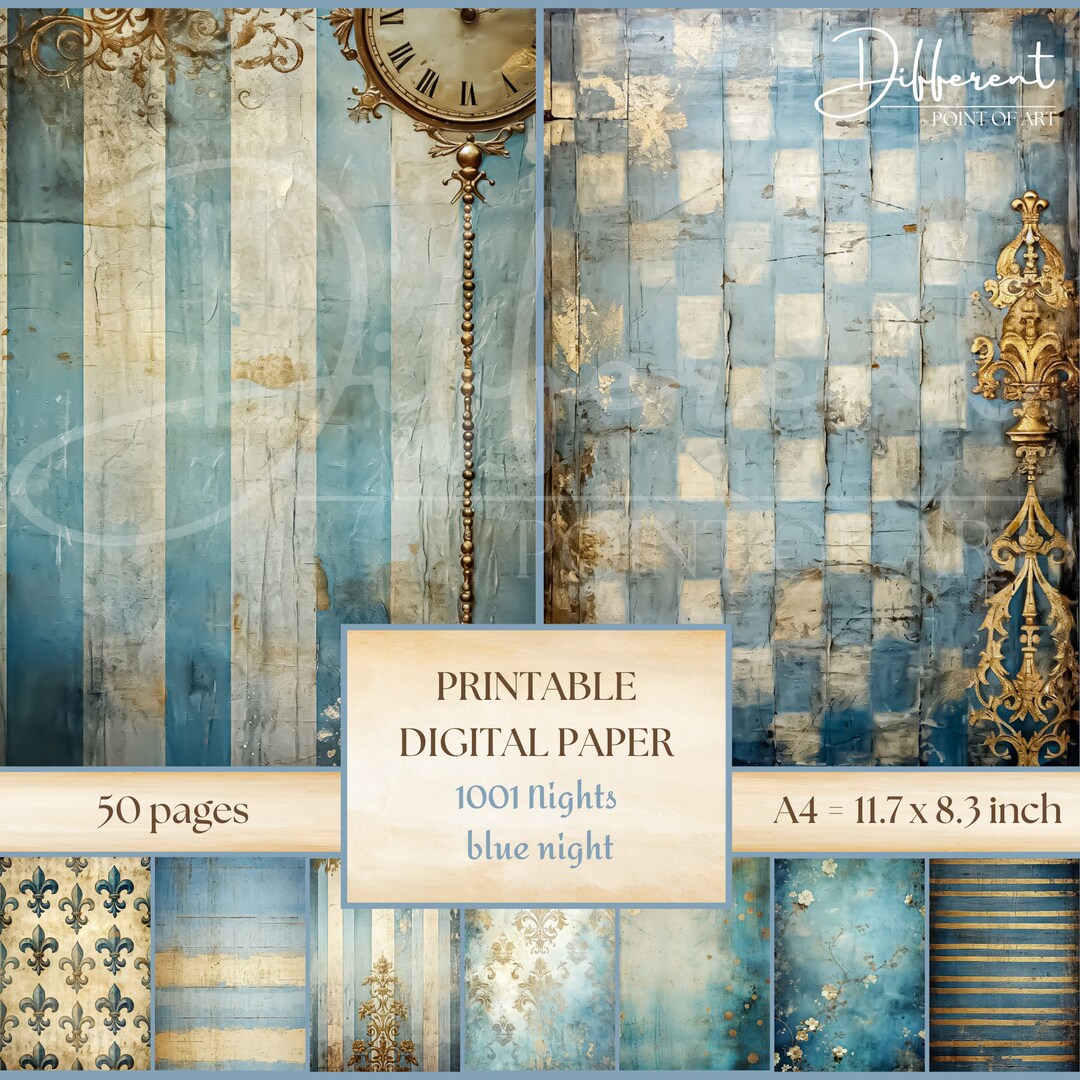 Printable Blue Paper, 50 Sheets, Big Bundle Damask Pattern, Stripes ...