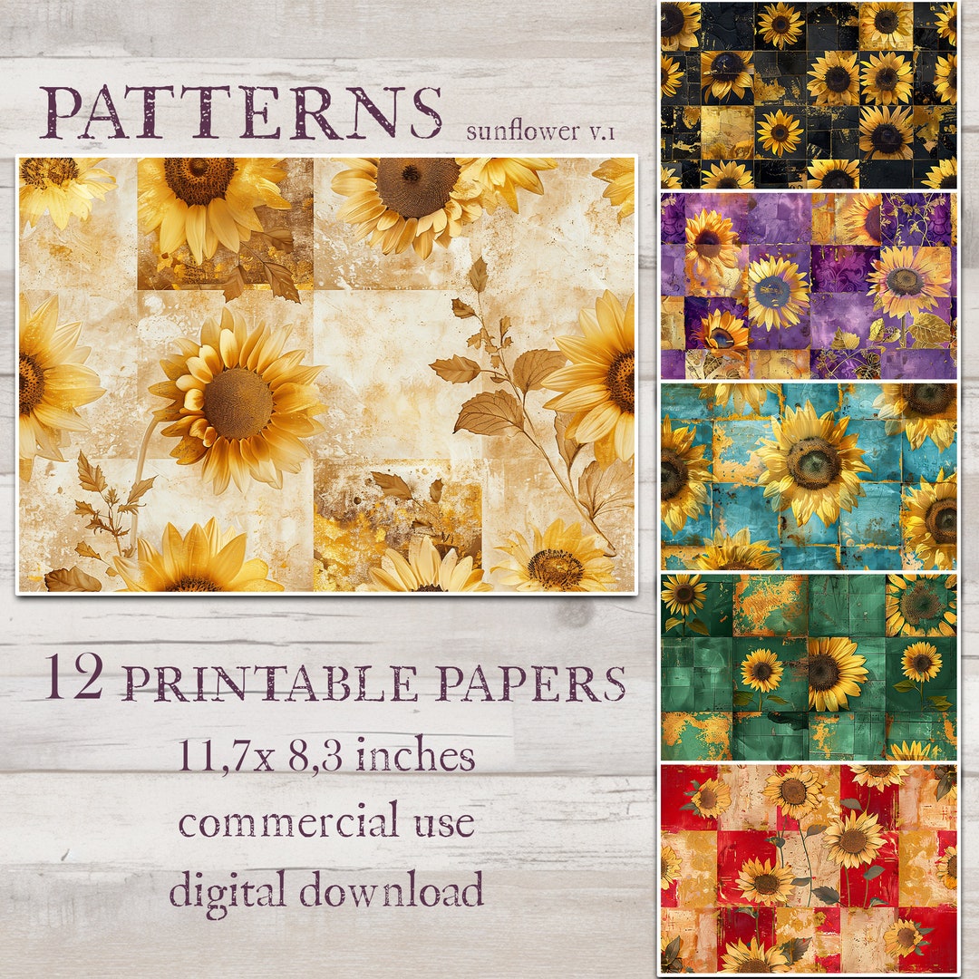 Set of 12 Printable Papers for Junk Journal, Shabby Sunflowers, Patchwork, Grunge - Etsy