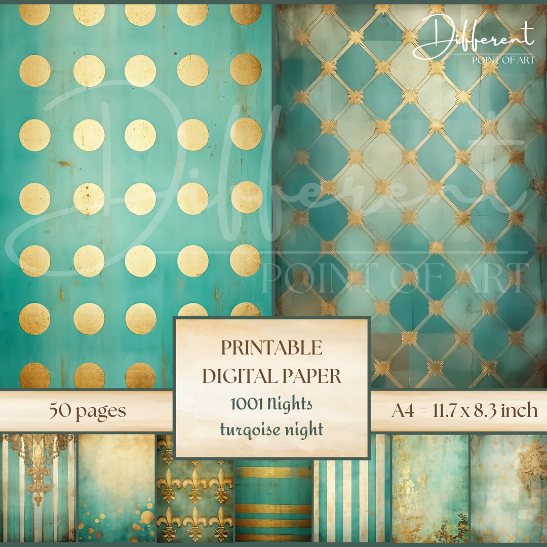 Printable Turqoise Paper, 50 Sheets, Big Bundle Damask Pattern, Stripes ...