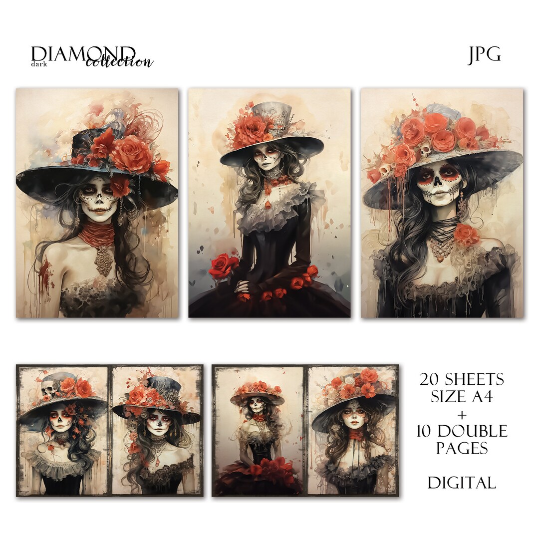 Diamond Collection, La Catrina Junk Journal Paper, Black, Red, Vintage ...