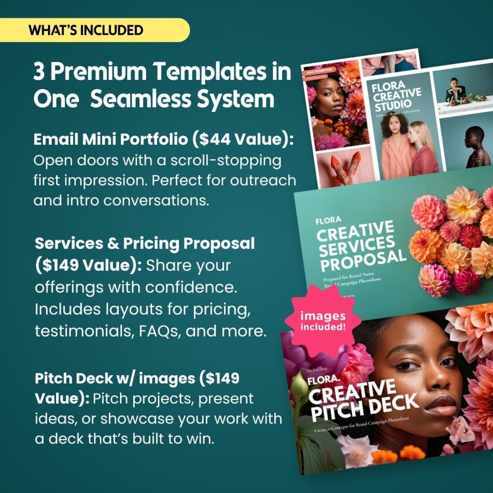 Flora Canva Template Bundle: Pitch Deck, Pricing, Portfolio (WITH ...