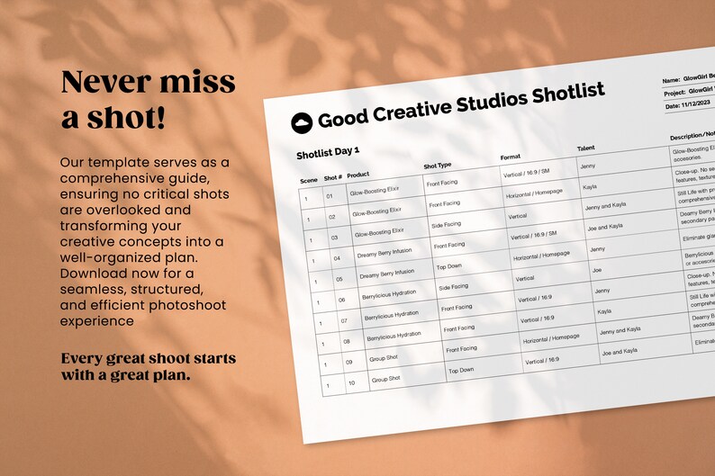 Photoshoot Shot List Template for Indesign, Canva and Google Slides - Etsy