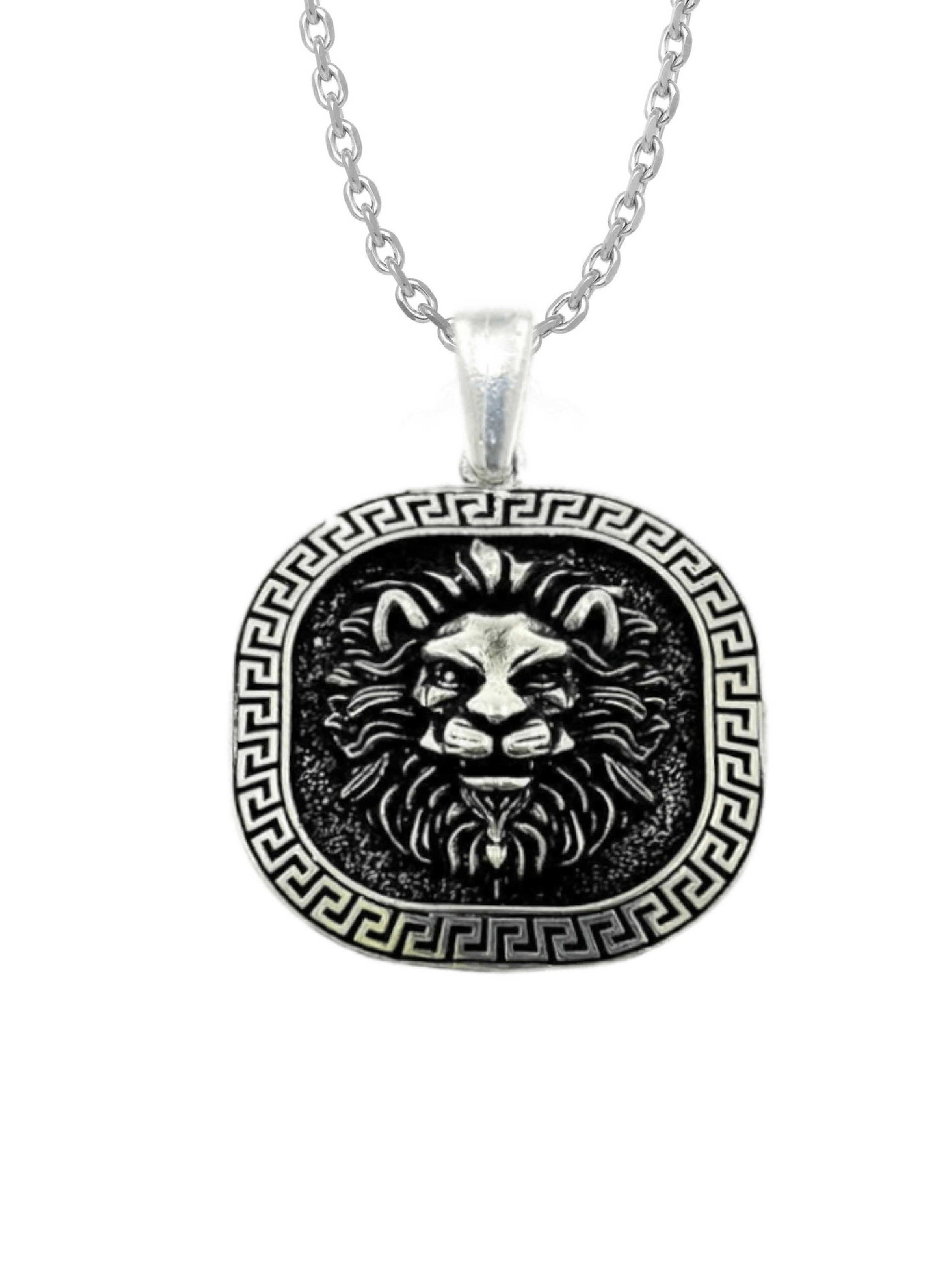Custom Engraved Men's Big Pendant Lion With Greek Pattern, Silver 925 ...