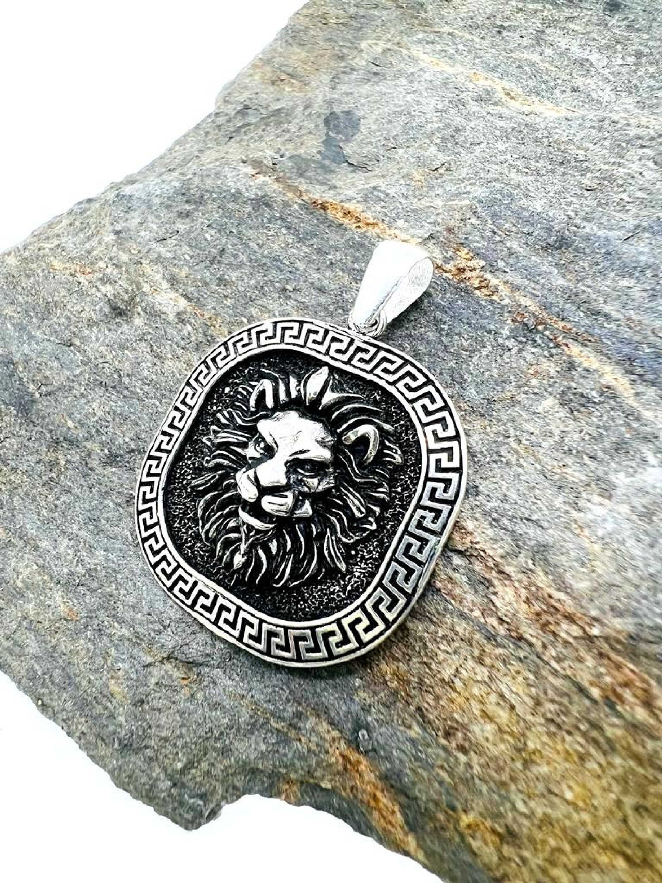 Custom Engraved Men's Big Pendant Lion With Greek Pattern, Silver 925 ...