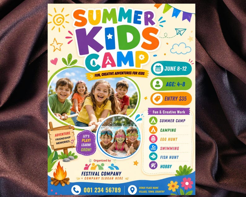 Editable Kids Summer Camp Flyer Template, Printable Activity Poster (8 ...