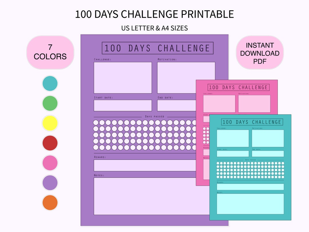 100 Days Challenge Printable Colorful Design Letter/a4 Habit Tracker ...