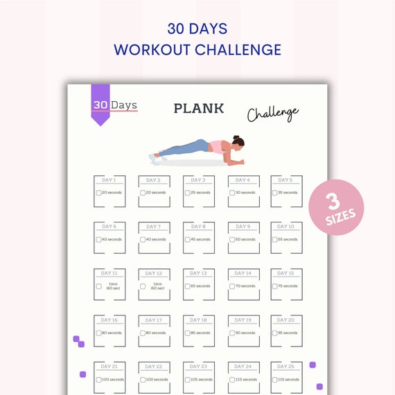 30 Day Plank Challenge Printable 30 Day Printable Fitness Challenge