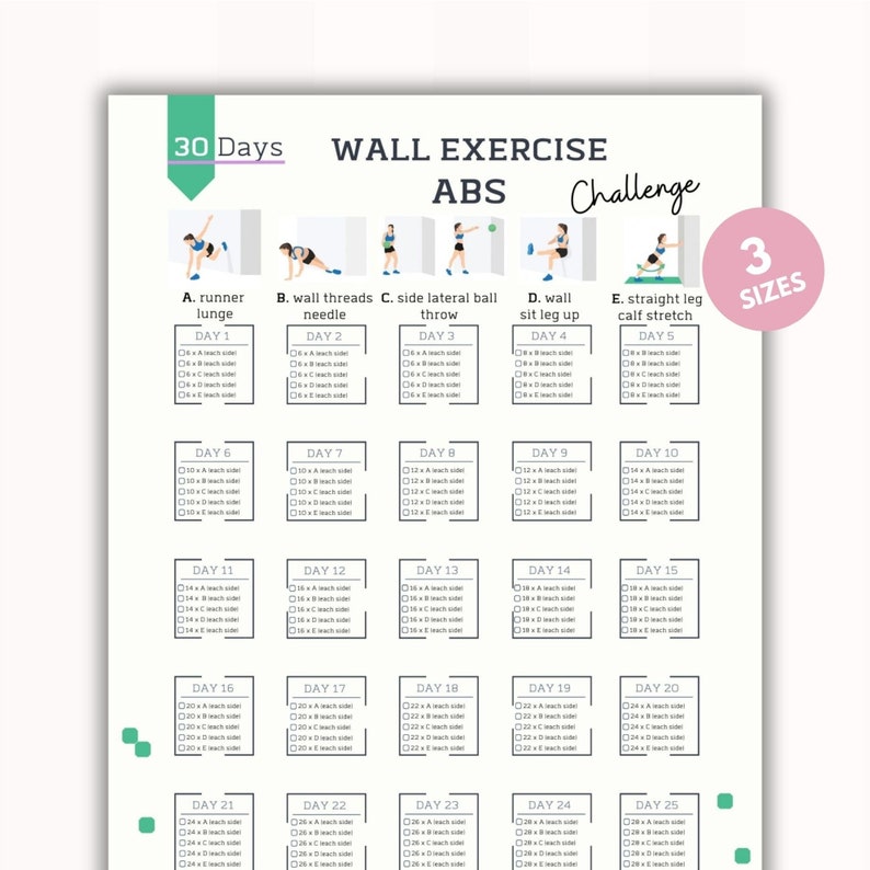 30 Day Wall Exercise Abs | Digital Workout Guide | Workout Planner ...