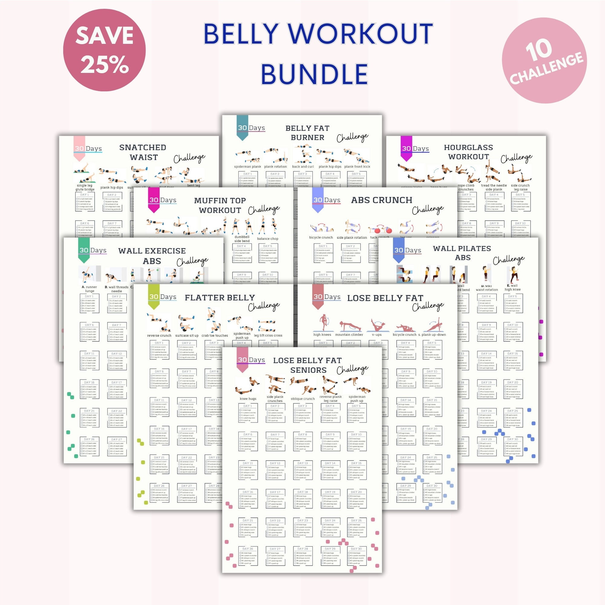 30 Day Belly Workout Bundle flat Stomach Fast lose Belly Fat 10 ...