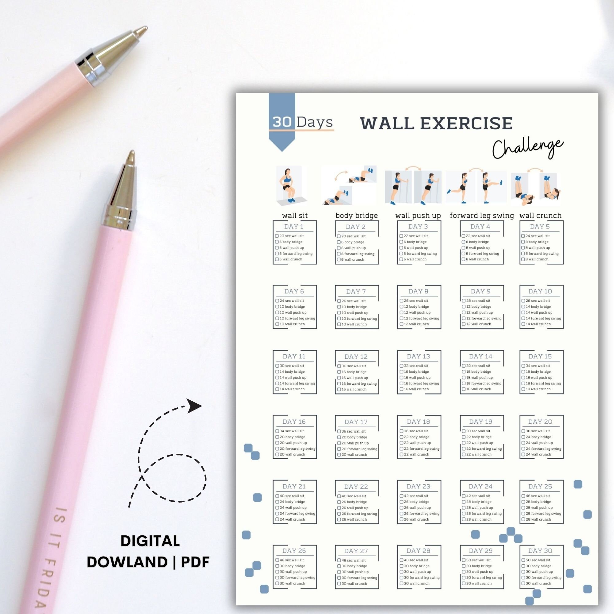 30 Day Wall Exercise Challenge Wall Pilates Workout - Etsy
