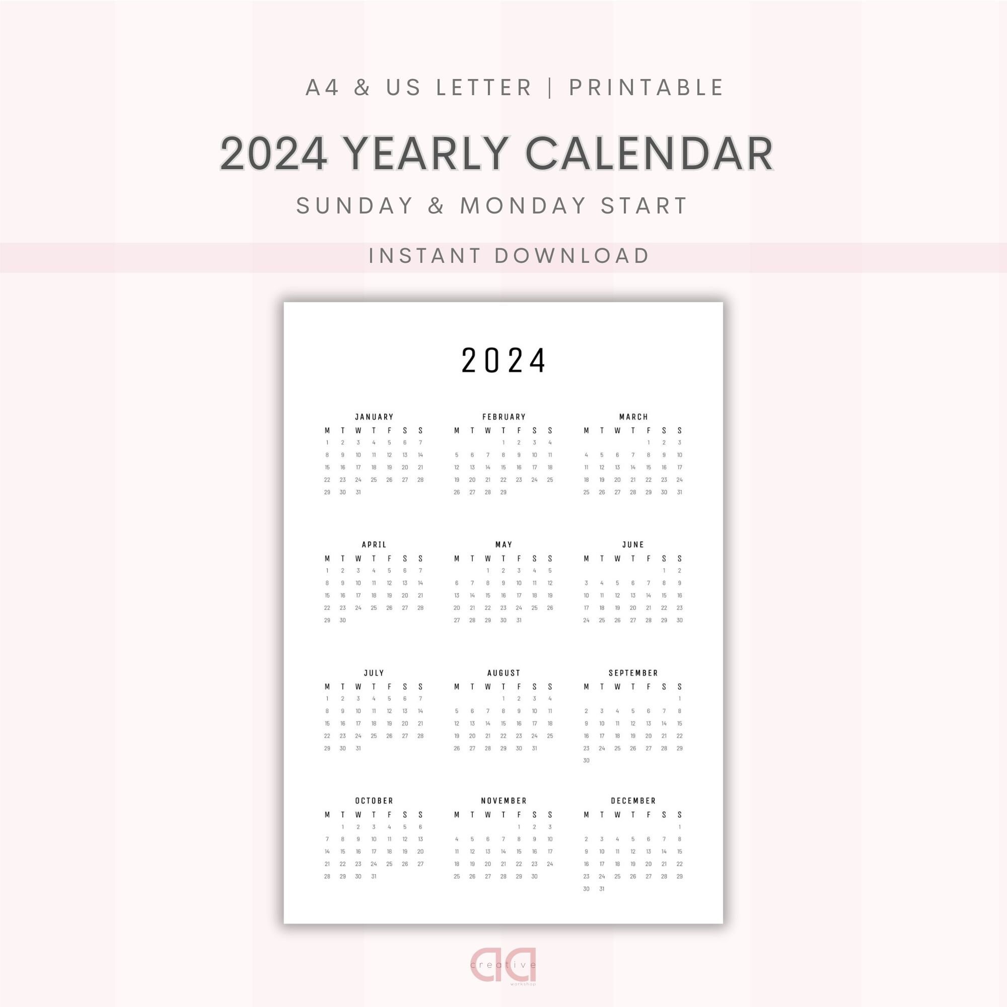 2024 Year Calendar sunday & Monday Startyearly Wall Calendar 2024 ...