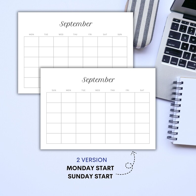 Monthly Blank Calendar monday-sunday Starthorizontal Printable ...