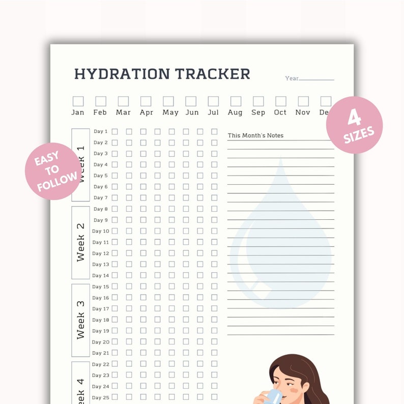 Monthly Hyration Tracker | Water Tracker Printable | Water Intake| 31 ...