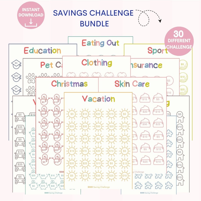 Colored Saving Challenge Bundle 30 Icons | Saving Bundle | A6 Sized ...