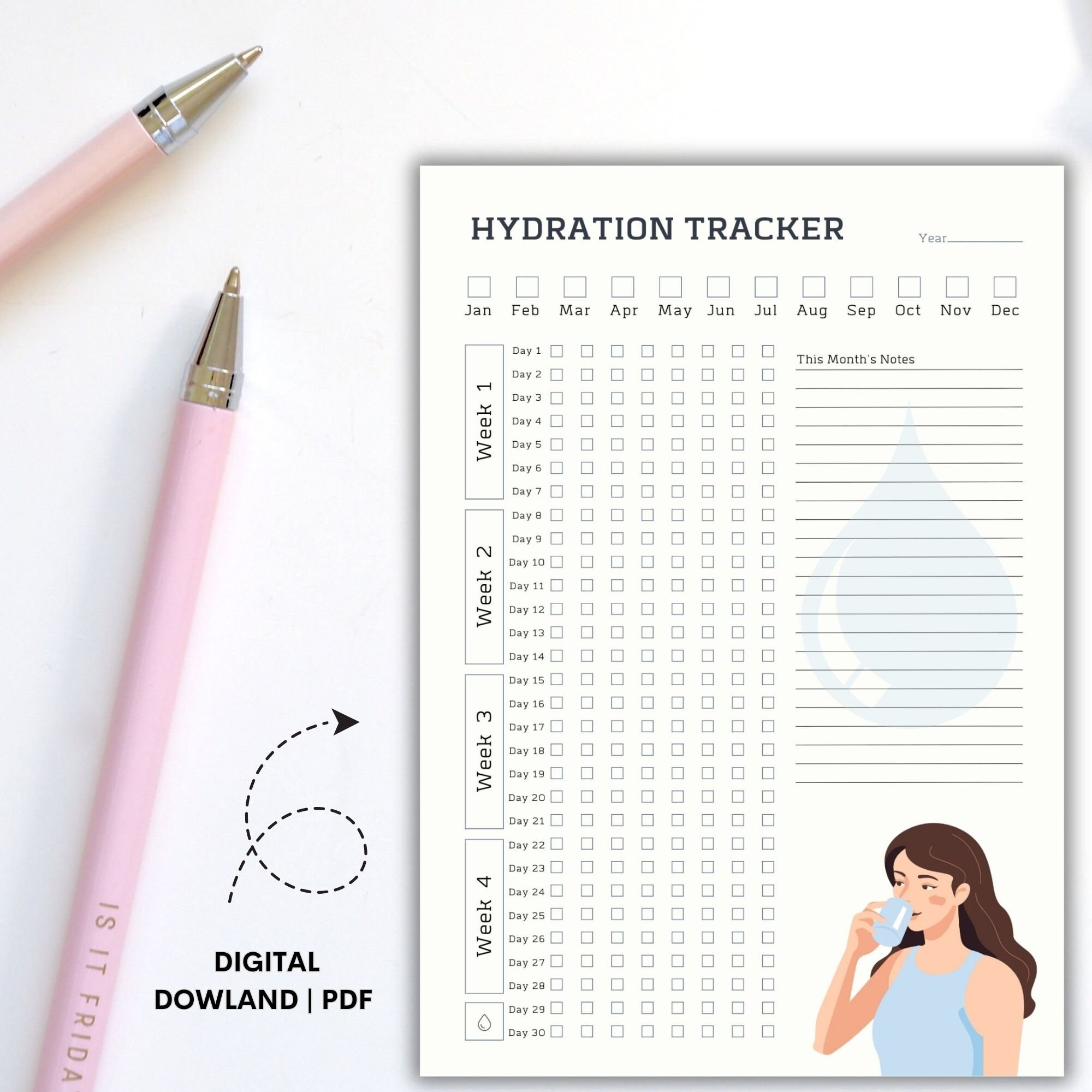 Monthly Hyration Tracker Water Tracker Printable Water Intake 31 Day ...