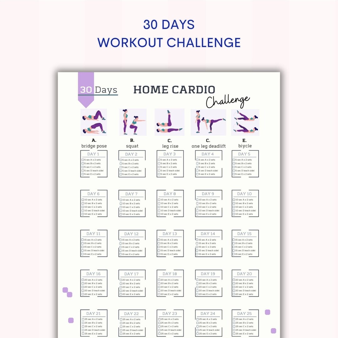 30 Day Home Cardio Challenge No Equipment Cardio Workout Digital Sheet ...