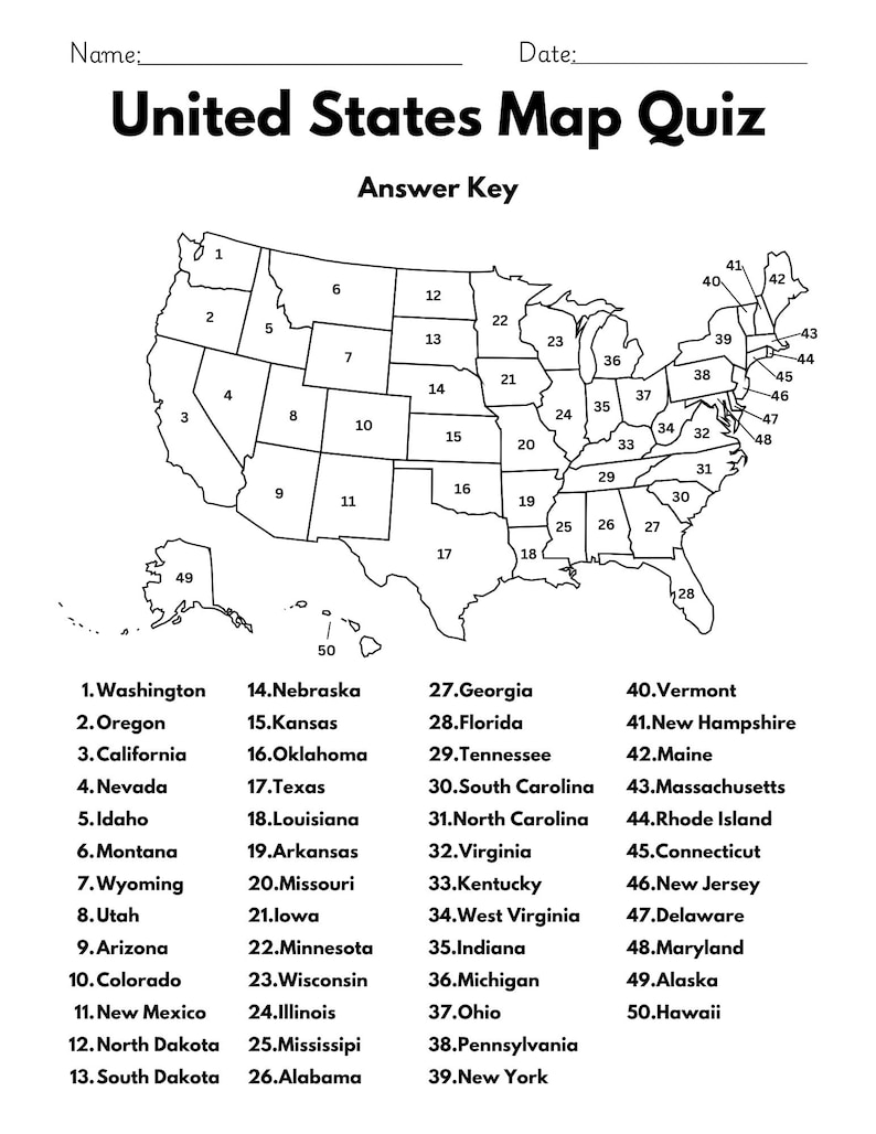 United States Map Quiz Worksheet, 2 Pages - Etsy