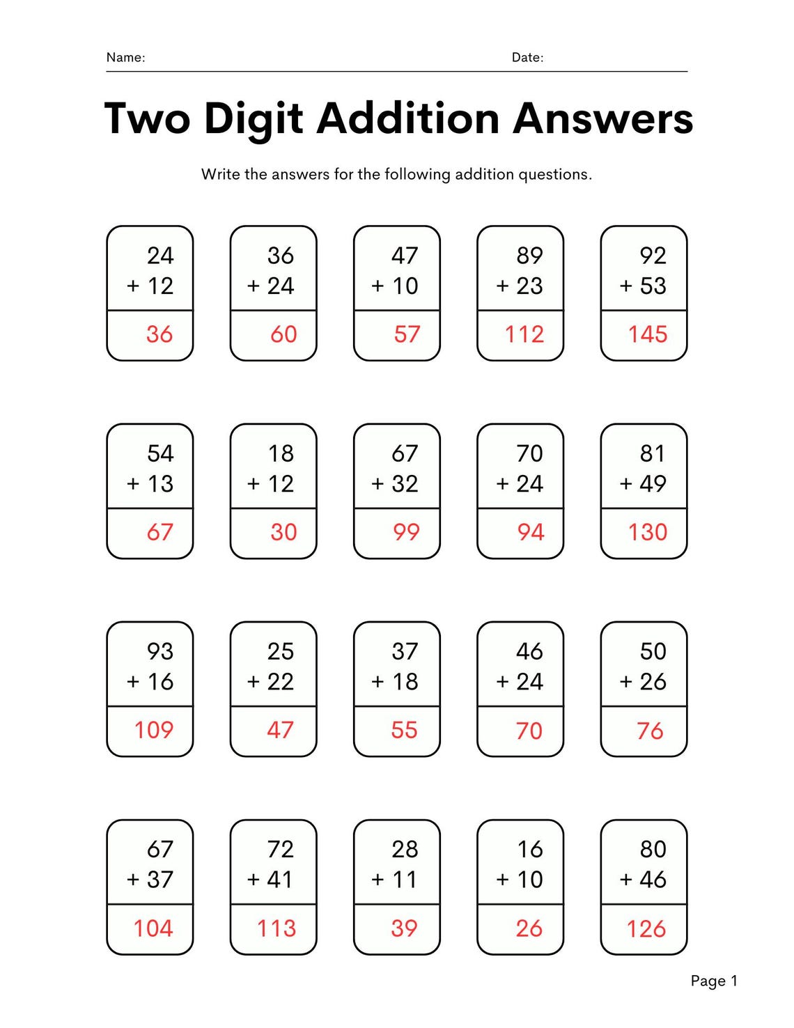 Two Digit Additionworksheets With Answers, 10 Pages - Etsy
