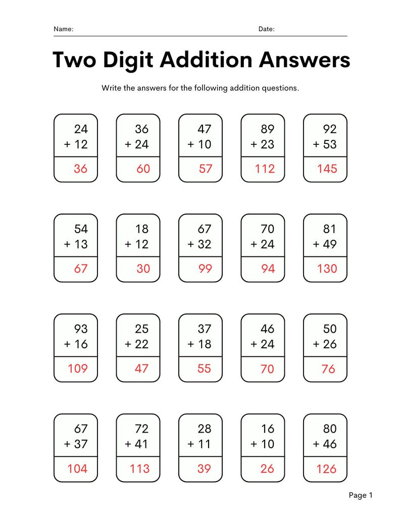 Two Digit Additionworksheets With Answers, 10 Pages - Etsy