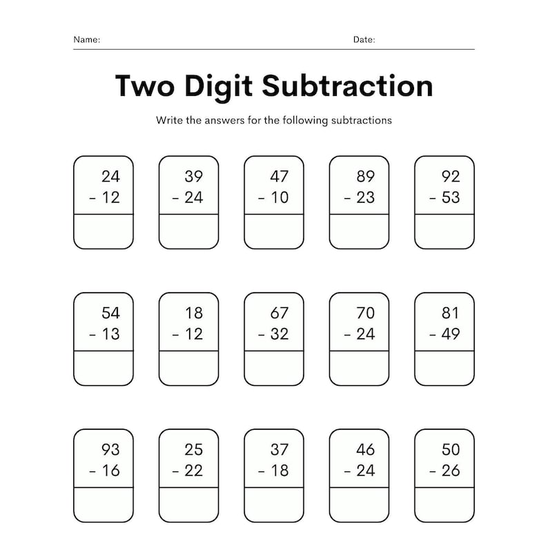 Two Digit Subtraction Worksheets With Answers, 10 Pages - Etsy