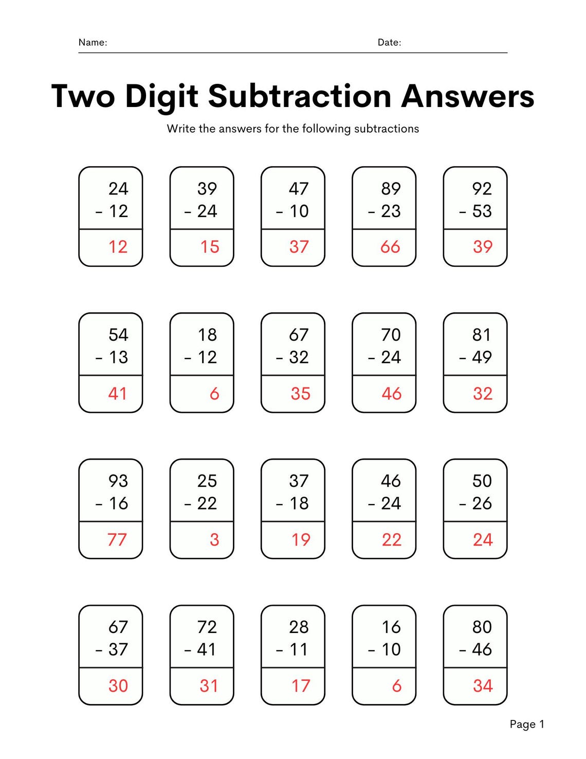Two Digit Subtraction Worksheets With Answers, 10 Pages - Etsy