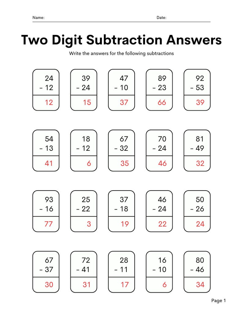 Two Digit Subtraction Worksheets With Answers, 10 Pages - Etsy