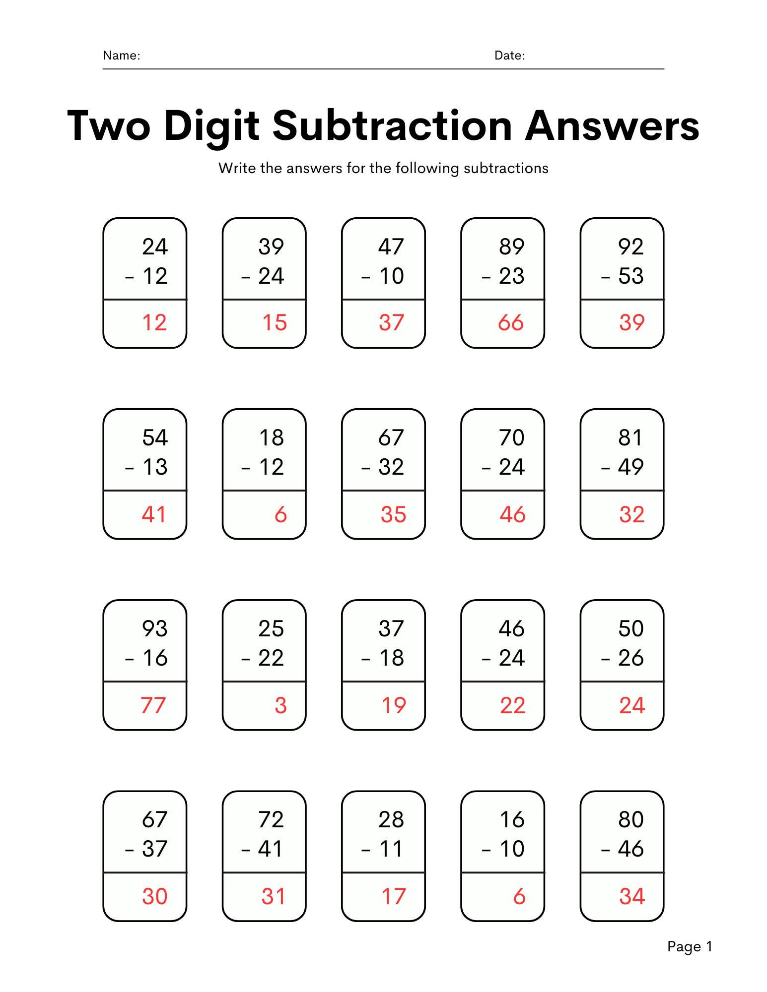 Two Digit Subtraction Worksheets With Answers, 10 Pages - Etsy