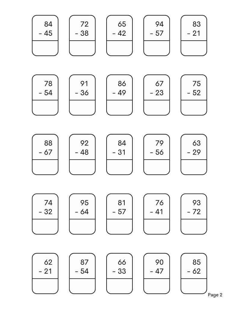 Two Digit Subtraction Worksheets With Answers, 10 Pages - Etsy