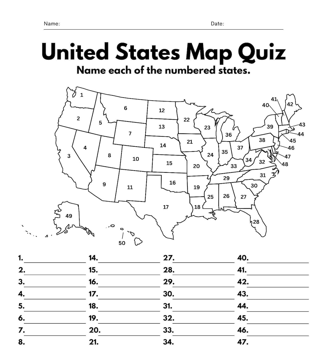 United States Map Quiz Worksheet, 2 Pages - Etsy