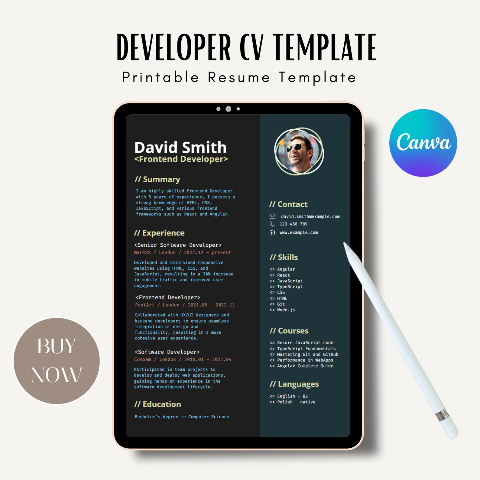 Printable Developer CV Template and Cover Letter - Etsy
