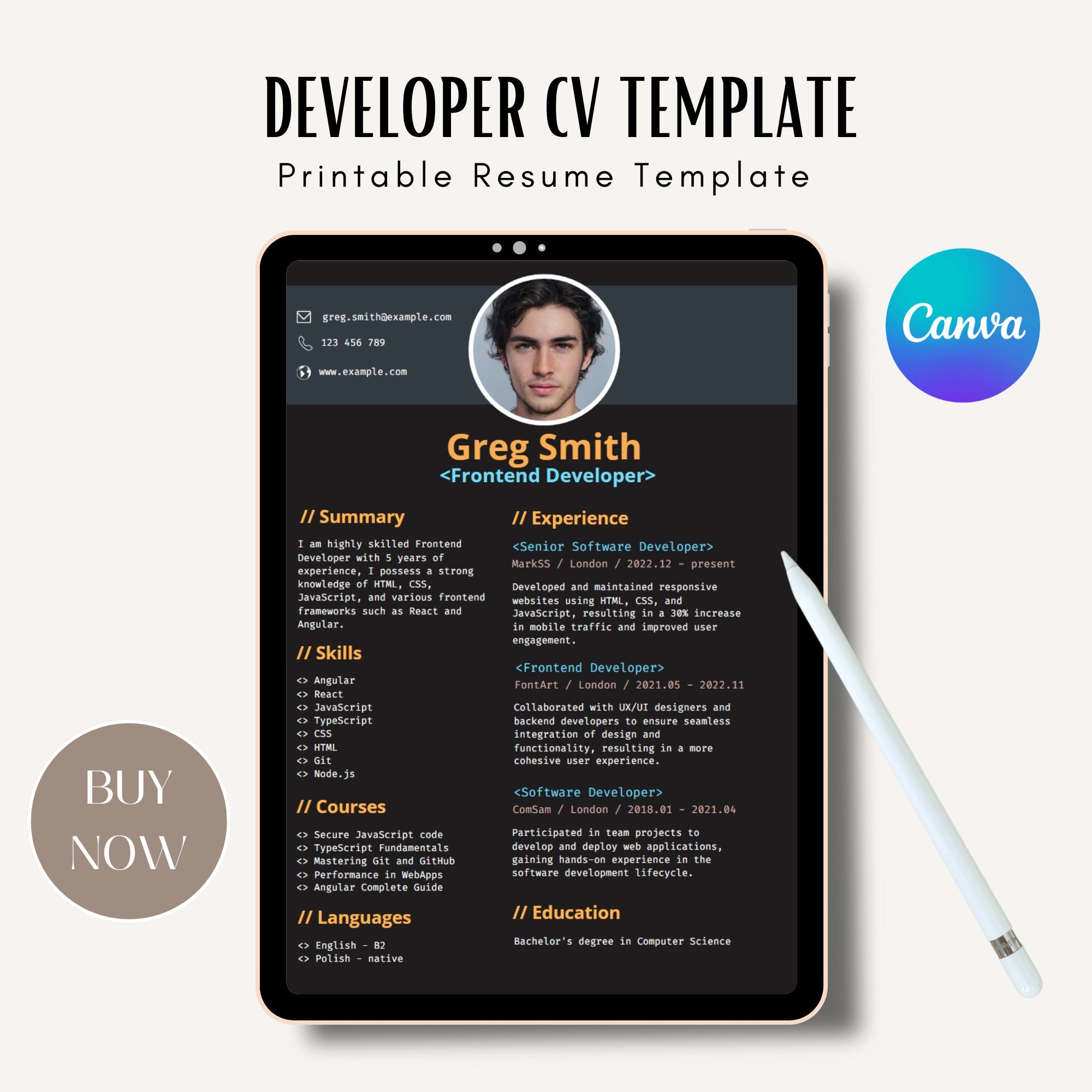 Printable Developer CV Template and Cover Letter - Etsy