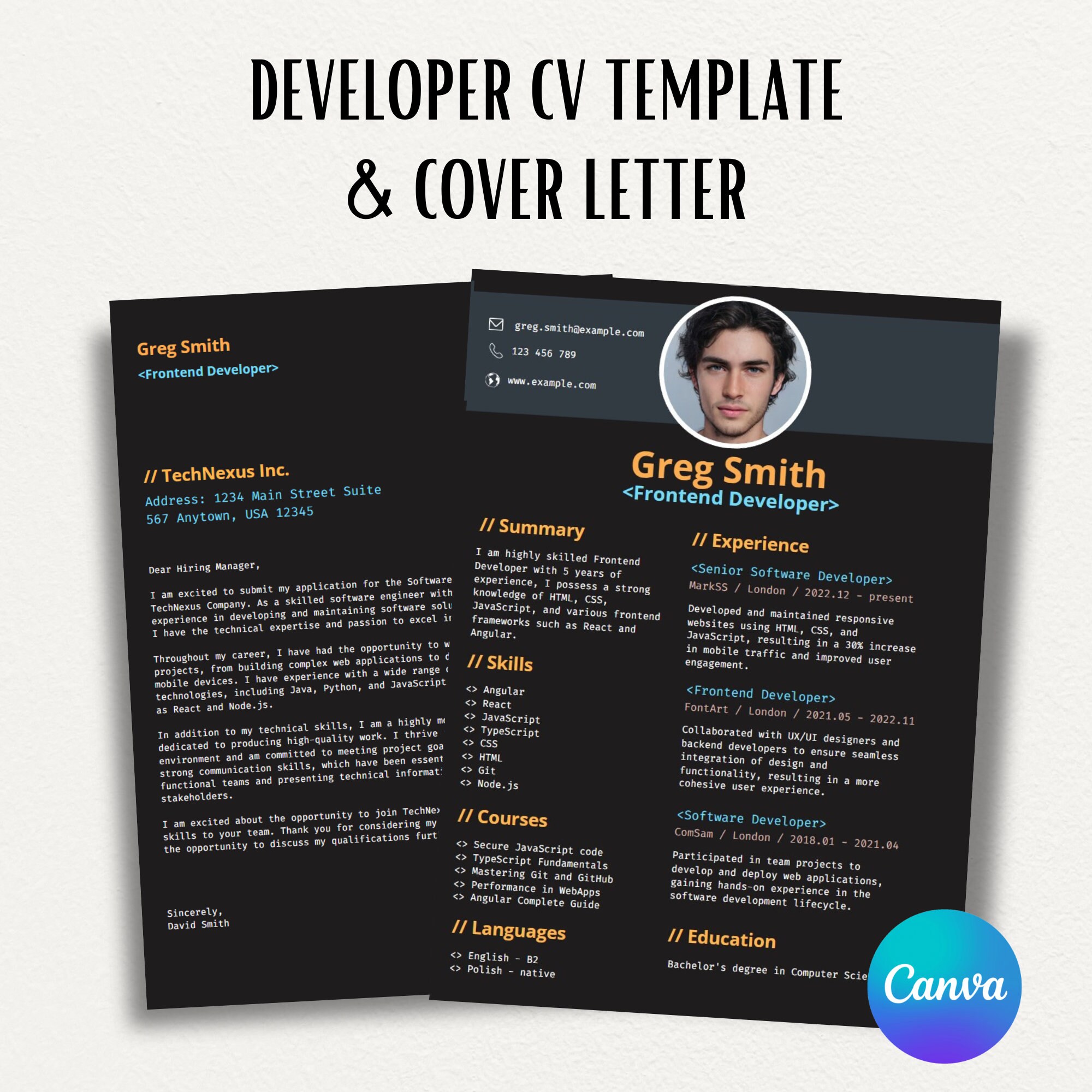 Printable Developer CV Template and Cover Letter - Etsy