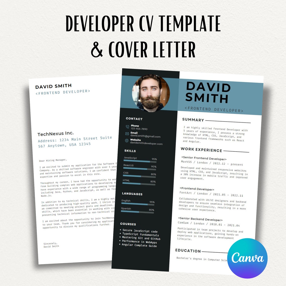 Printable Developer CV Template and Cover Letter - Etsy