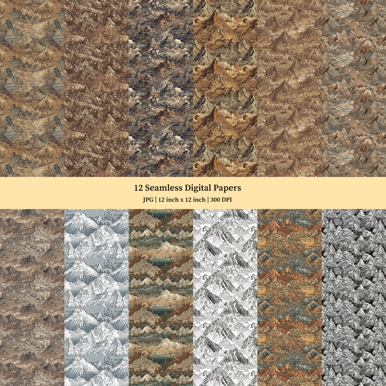 Retro Mountain Digital Paper, Mountain Pattern, Seamless Repeat Pattern, Printable Digital Paper ...