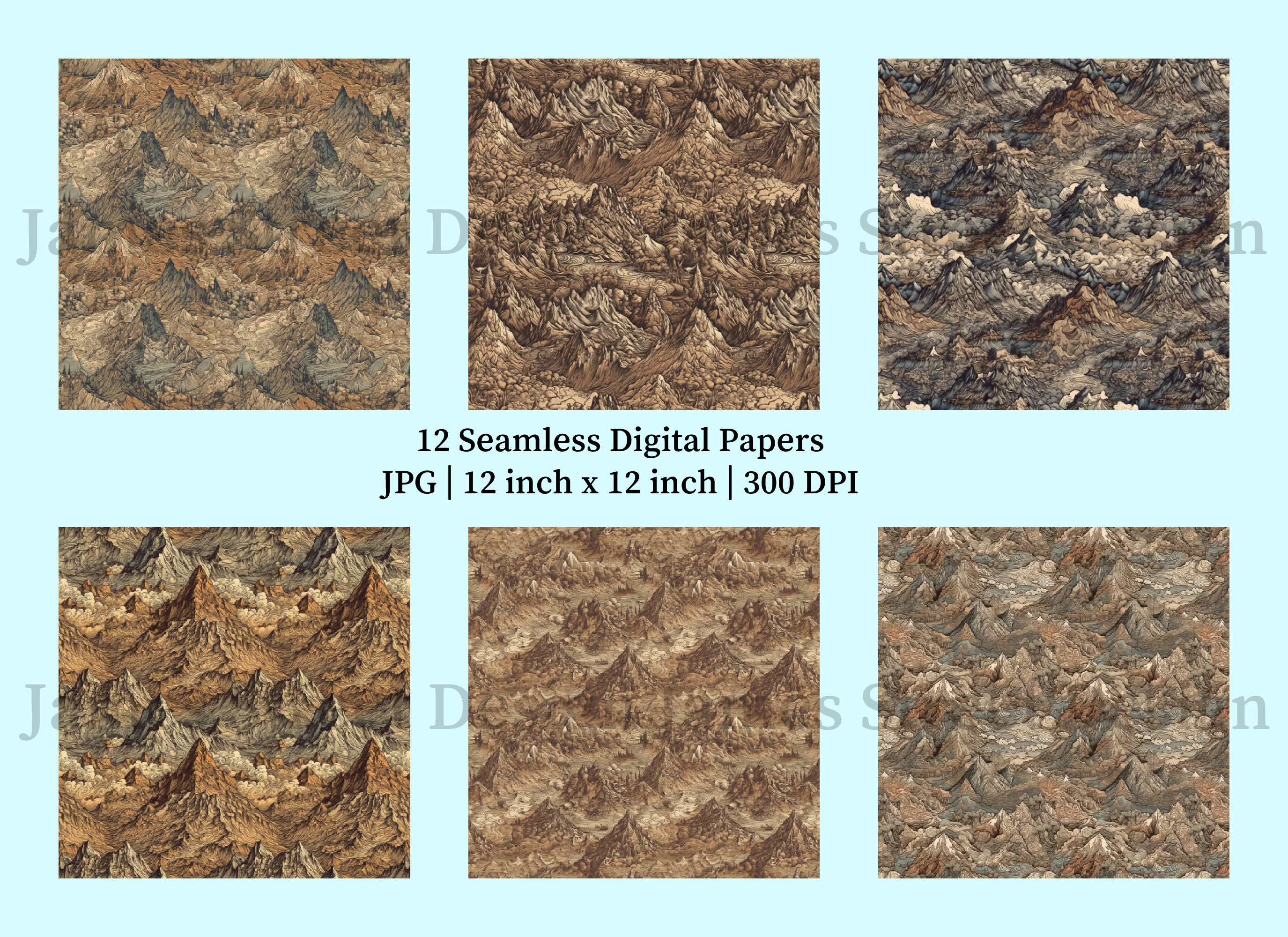 Retro Mountain Digital Paper, Mountain Pattern, Seamless Repeat Pattern, Printable Digital Paper ...