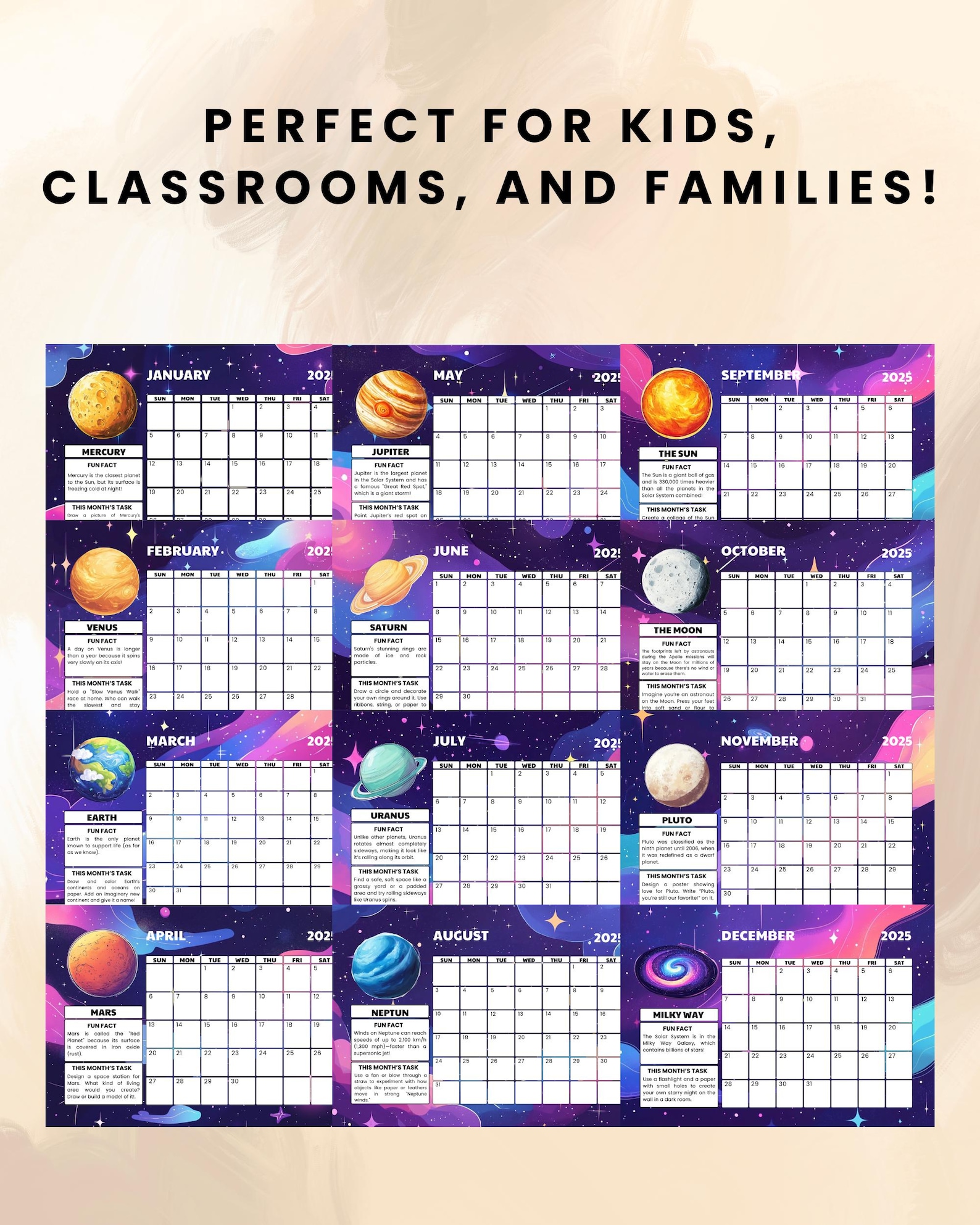 Kids Space Calendar 2025, Printable Calendar, Educational Calendar ...