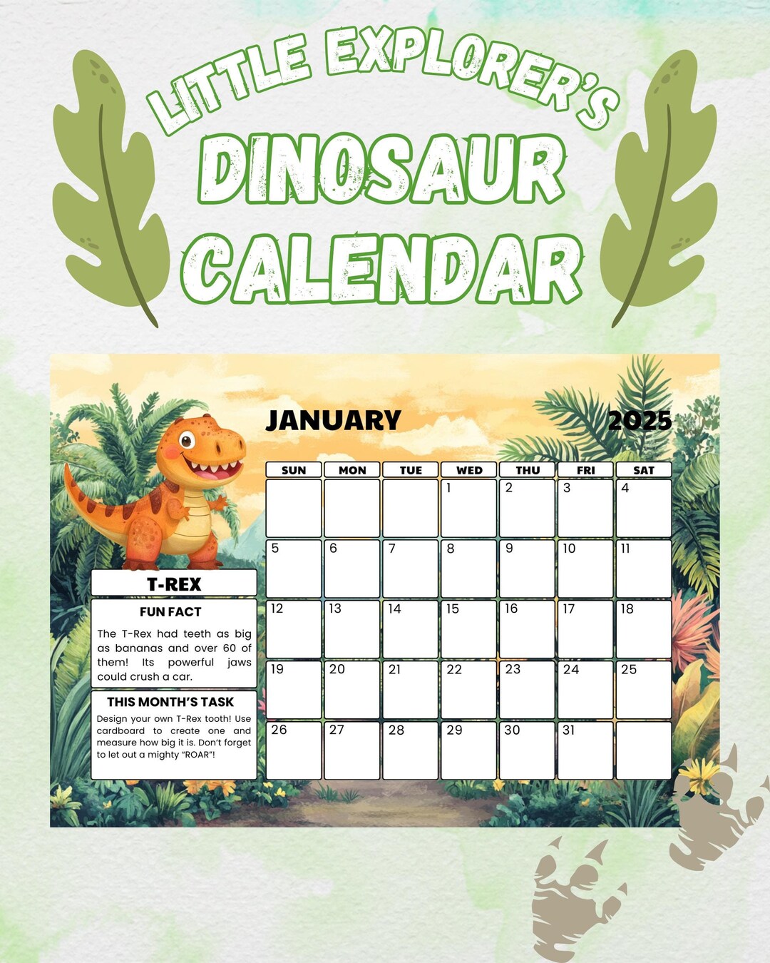 2025 Dinosaur Calendar for Kids, Printable Calendar, Wall Calendar PDF ...