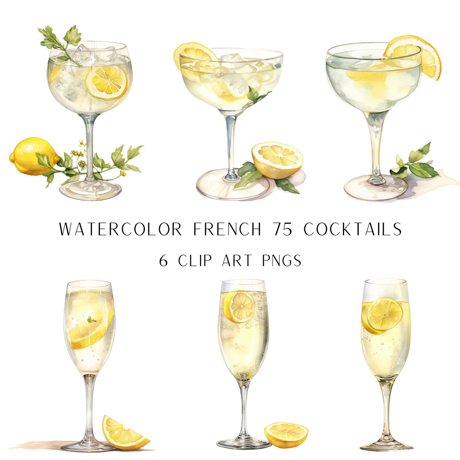 French 75 Watercolor Illustrations, 6 Watercolor French 75 Cocktails ...