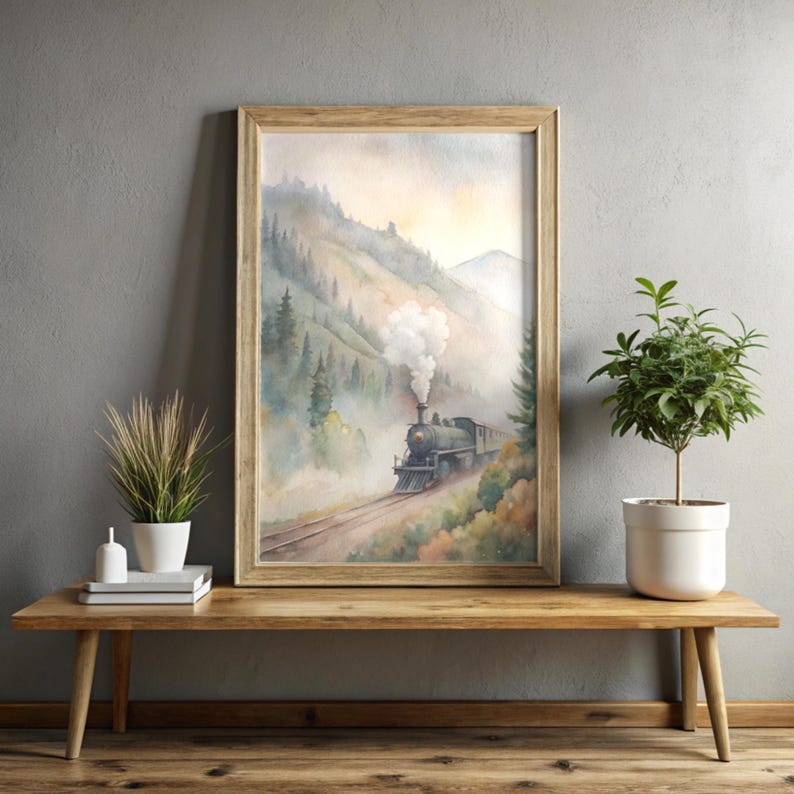 Vintage Steam Train in Misty Mountains Watercolor - Etsy