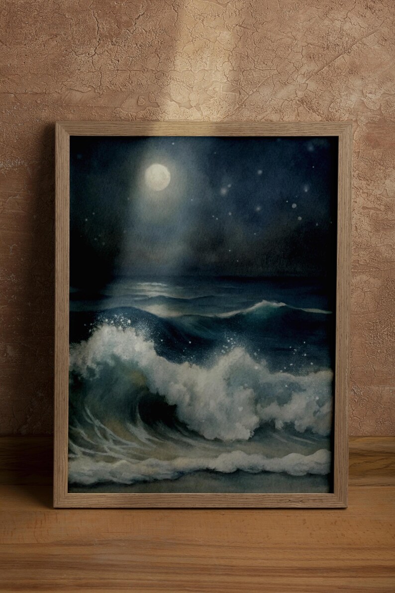 Moonlit Ocean Waves Watercolor - Serene Night Seascape - Etsy