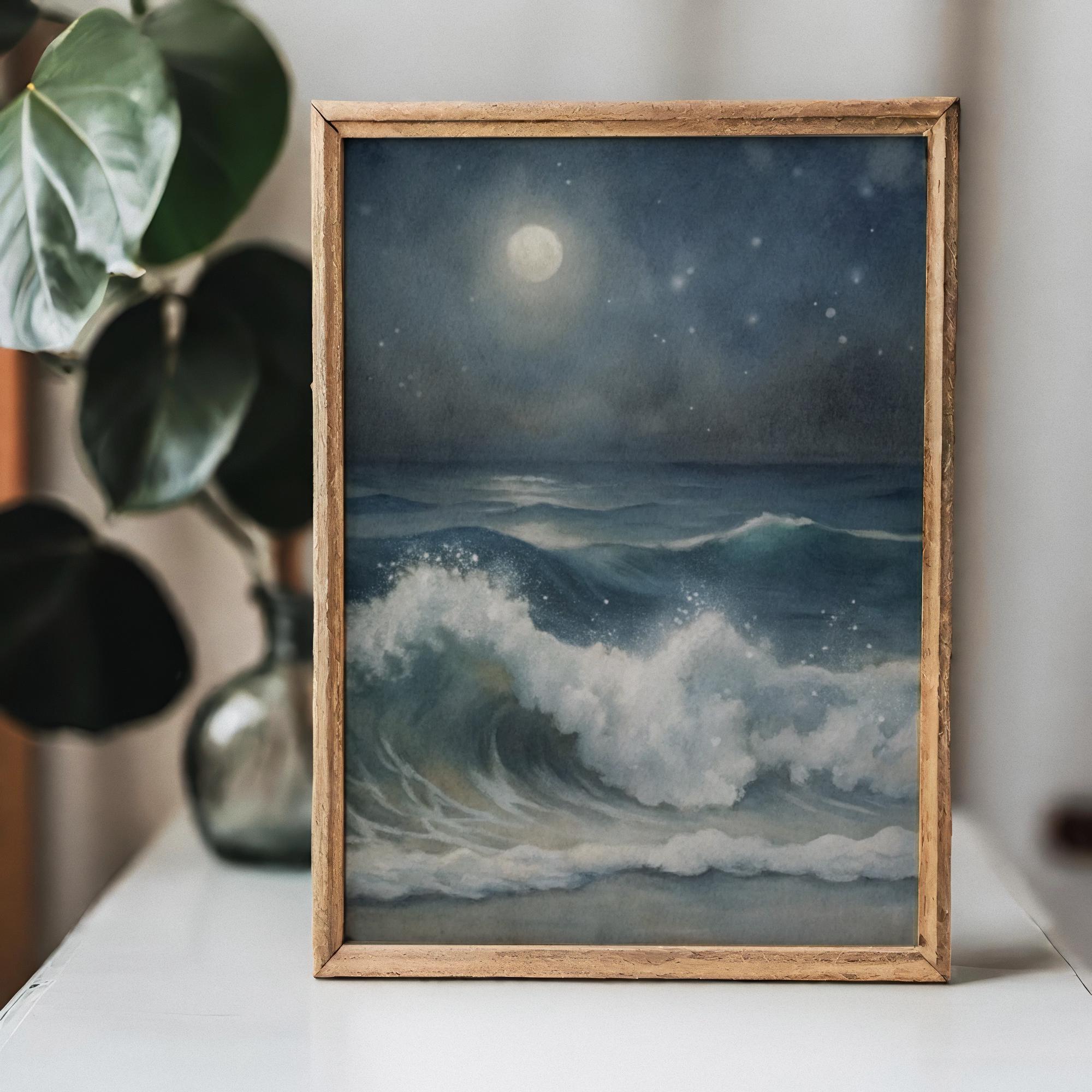 Moonlit Ocean Waves Watercolor - Serene Night Seascape - Etsy