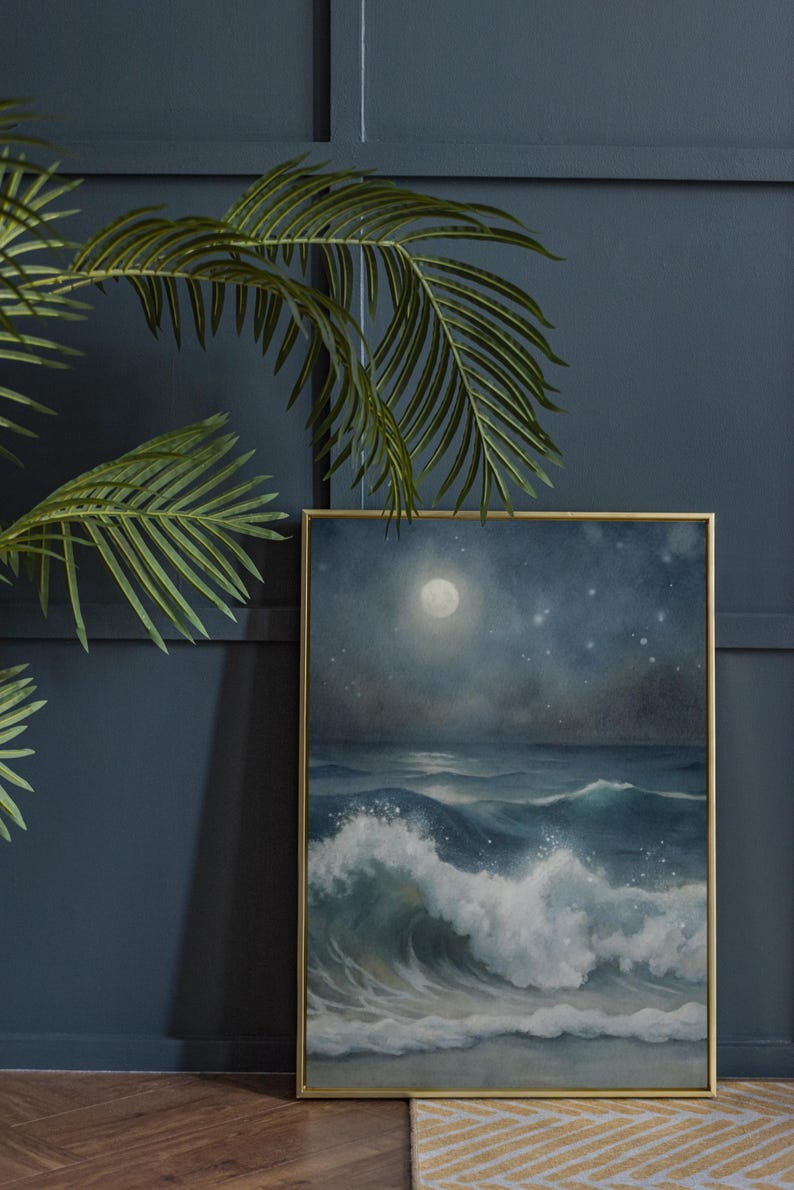 Moonlit Ocean Waves Watercolor - Serene Night Seascape - Etsy